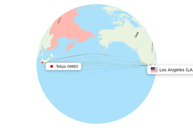 Actual flight paths from Tokyo to Los Angeles - flightpaths.com