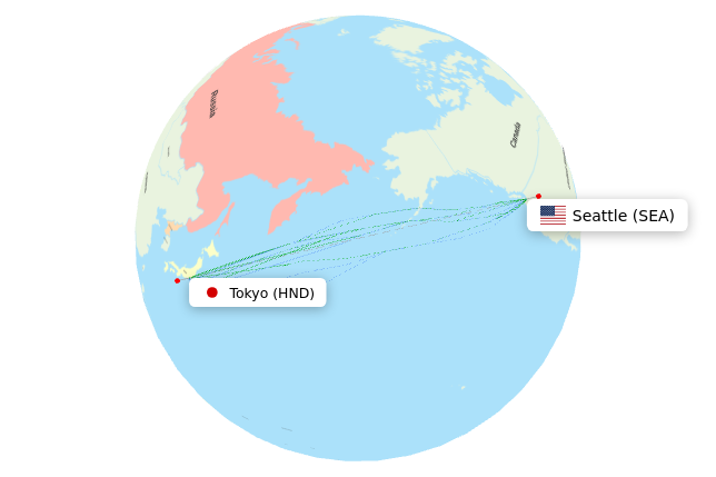 Actual flight paths from Tokyo to Seattle - flightpaths.com