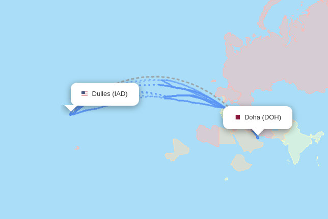 Actual flight paths from Dulles to Doha - flightpaths.com