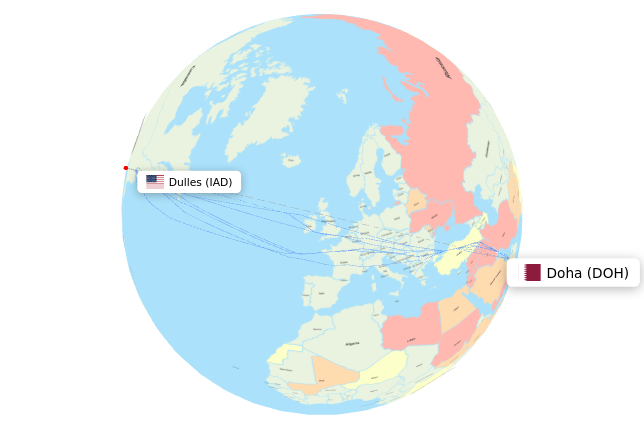 Actual flight paths from Dulles to Doha - flightpaths.com