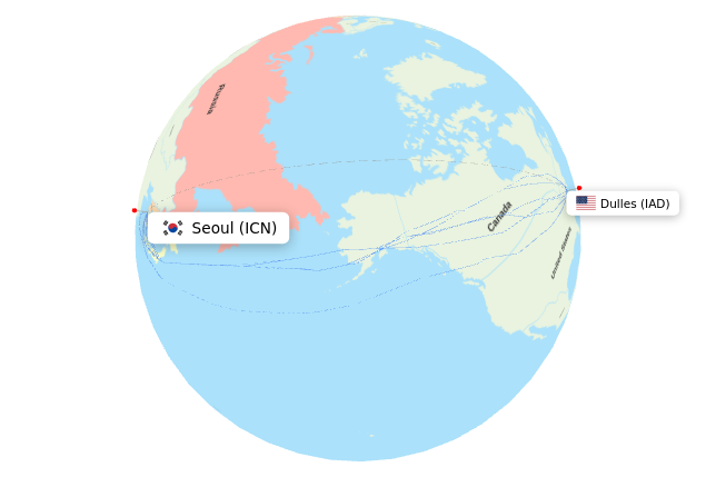 Actual flight paths from Dulles to Seoul - flightpaths.com