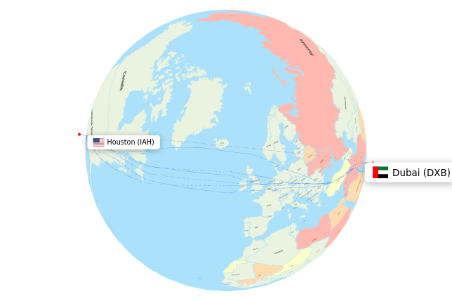 Actual flight paths from Houston to Dubai - flightpaths.com