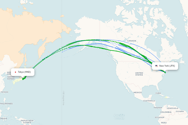 Actual flight paths from New York to Tokyo - flightpaths.com