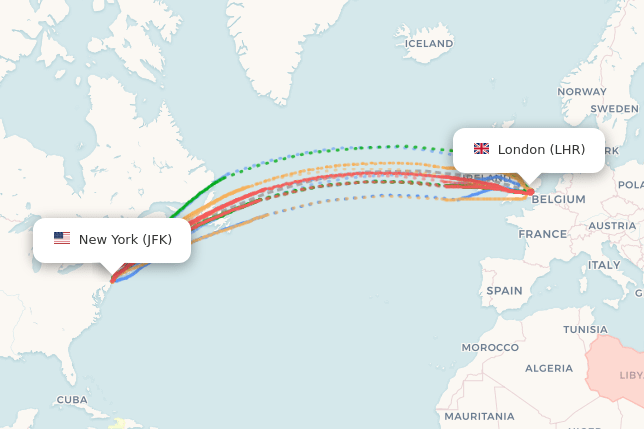 Actual flight paths from New York to London - flightpaths.com