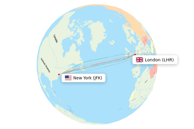 Actual flight paths from New York to London - flightpaths.com