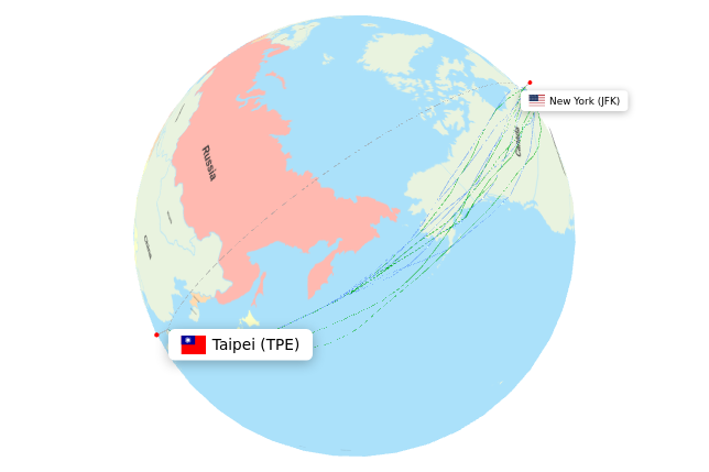 Actual flight paths from New York to Taipei - flightpaths.com