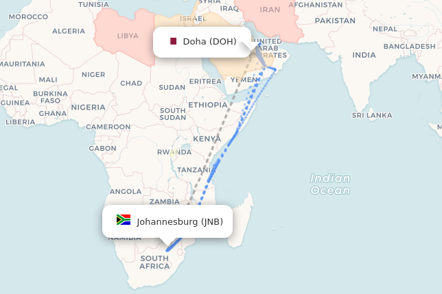 Actual flight paths from Johannesburg to Doha - flightpaths.com