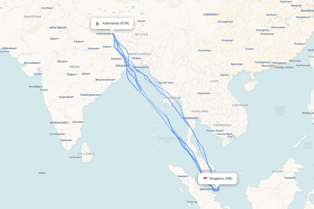 Actual flight paths from Kathmandu to Singapore - flightpaths.com