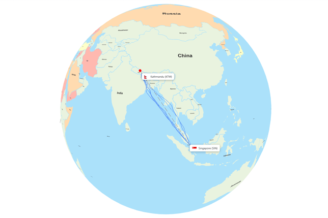 Actual flight paths from Kathmandu to Singapore - flightpaths.com