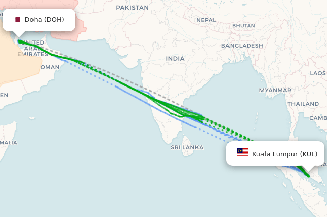Actual flight paths from Kuala Lumpur to Doha - flightpaths.com