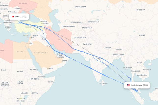 Actual flight paths from Kuala Lumpur to Istanbul - flightpaths.com