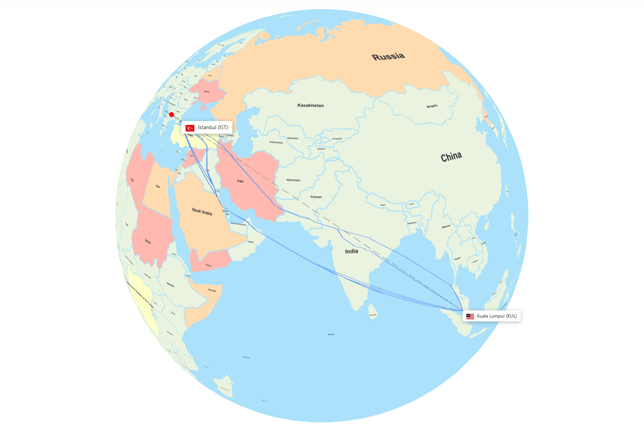 Actual flight paths from Kuala Lumpur to Istanbul - flightpaths.com