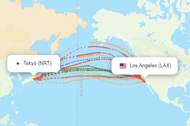 Actual flight paths from Los Angeles to Tokyo - flightpaths.com