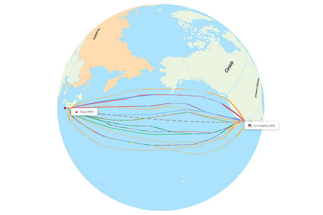 Actual flight paths from Los Angeles to Tokyo - flightpaths.com