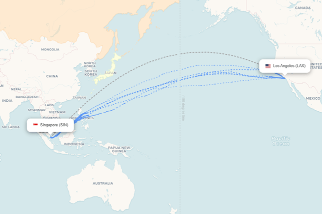 Actual flight paths from Los Angeles to Singapore - flightpaths.com