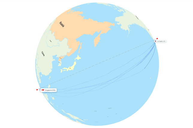 Actual flight paths from Los Angeles to Singapore - flightpaths.com