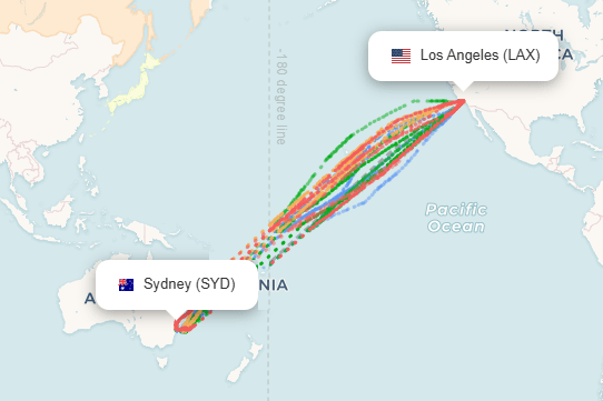 Actual flight paths from Los Angeles to Sydney - flightpaths.com