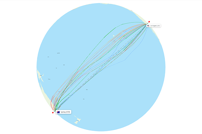 Actual flight paths from Los Angeles to Sydney - flightpaths.com
