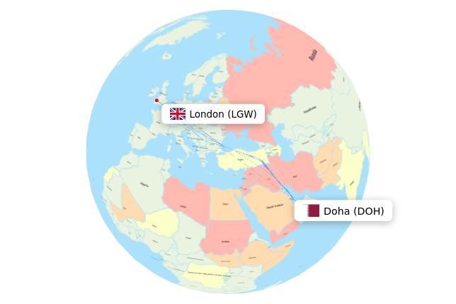 Actual flight paths from London to Doha - flightpaths.com