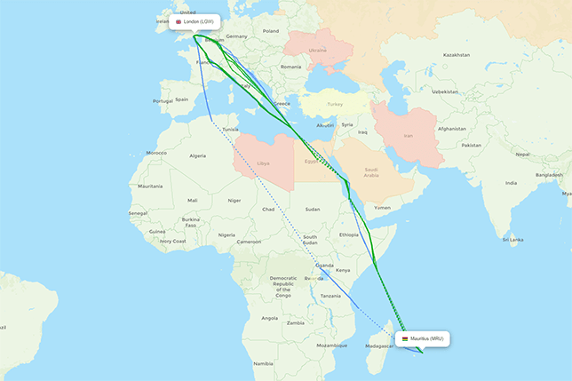 Actual flight paths from London to Mauritius - flightpaths.com
