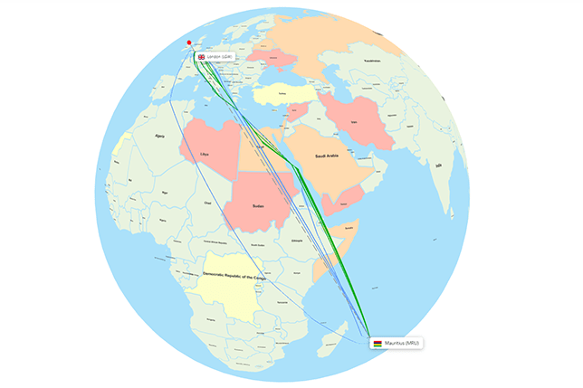 Actual flight paths from London to Mauritius - flightpaths.com
