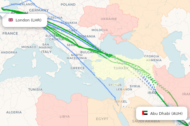 Actual flight paths from London to Abu Dhabi - flightpaths.com
