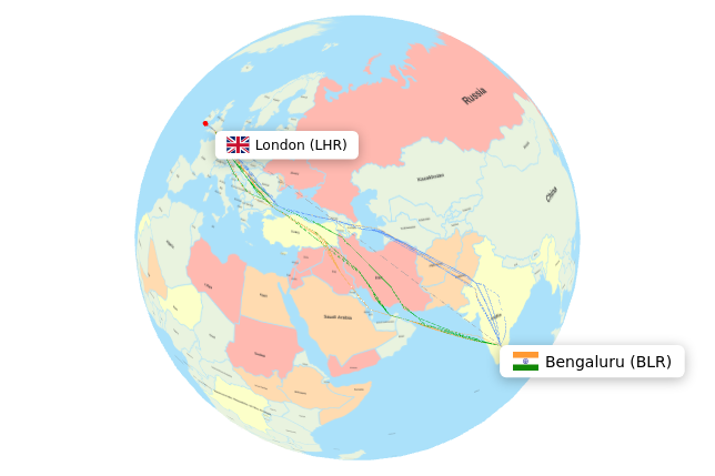 Actual flight paths from London to Bengaluru - flightpaths.com