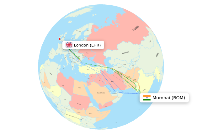 Actual flight paths from London to Mumbai - flightpaths.com