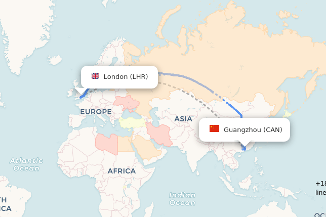 Actual flight paths from London to Guangzhou - flightpaths.com