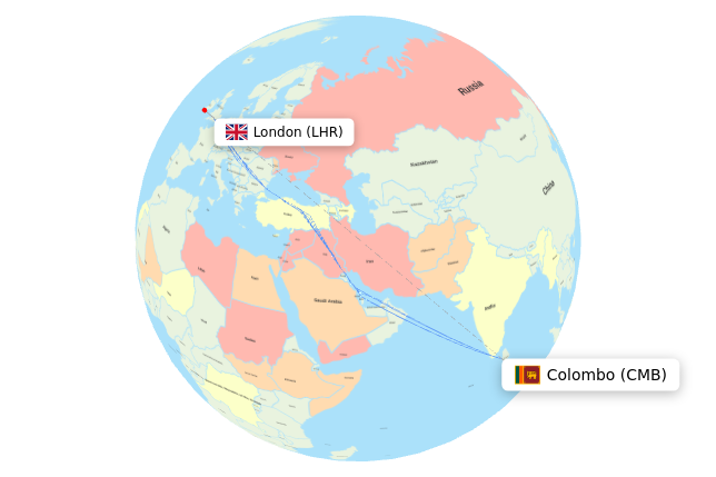 Actual flight paths from London to Colombo - flightpaths.com