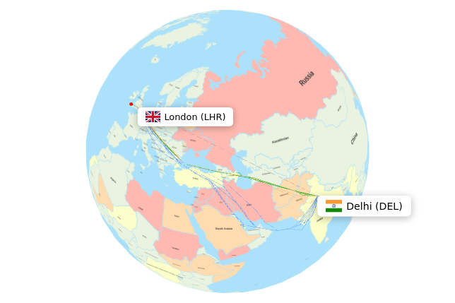 Actual flight paths from London to Delhi - flightpaths.com