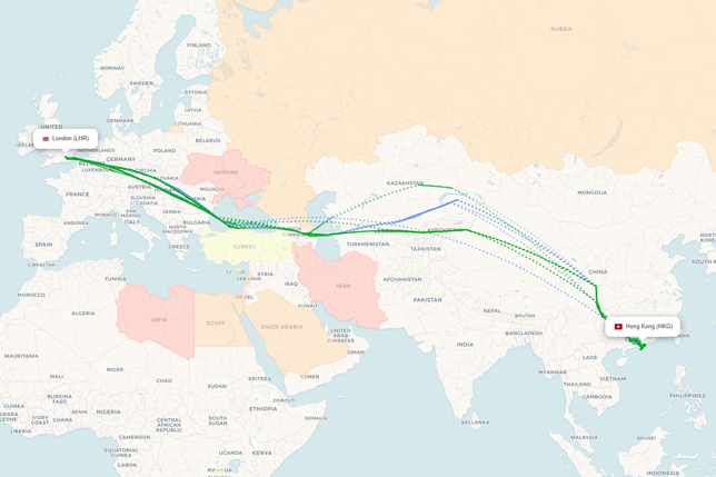 Actual flight paths from London to Hong Kong - flightpaths.com