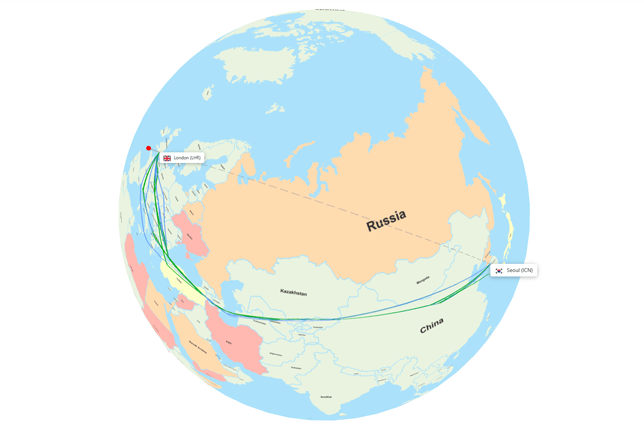 Actual flight paths from London to Seoul - flightpaths.com
