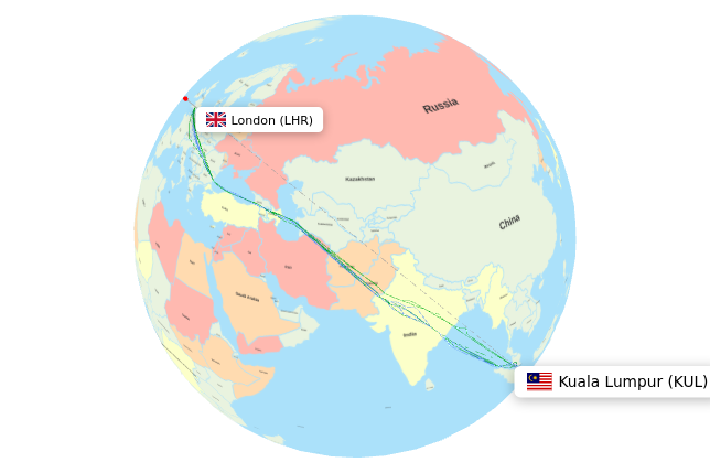 Actual flight paths from London to Kuala Lumpur - flightpaths.com