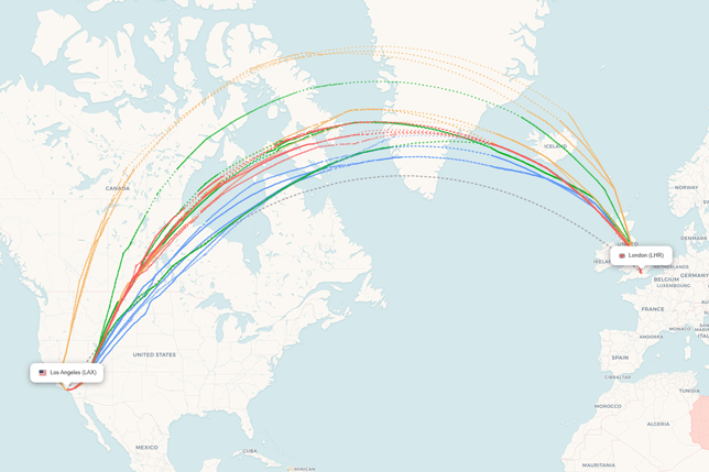 Actual flight paths from London to Los Angeles - flightpaths.com
