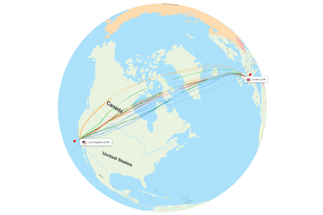 Actual flight paths from London to Los Angeles - flightpaths.com