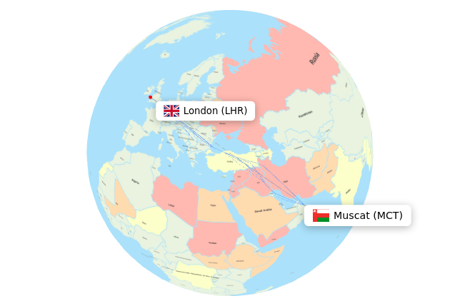 Actual flight paths from London to Muscat - flightpaths.com