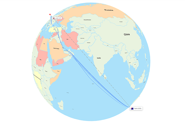 Actual flight paths from London to Perth - flightpaths.com