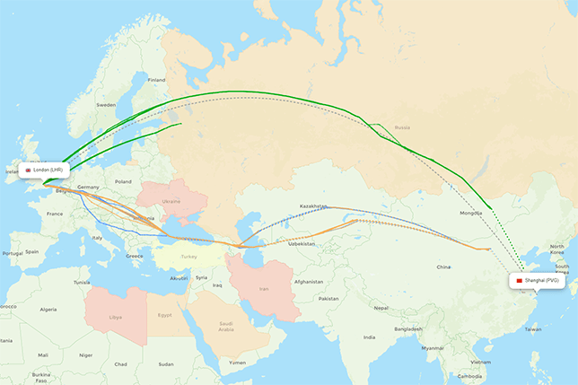 Actual flight paths from London to Shanghai - flightpaths.com