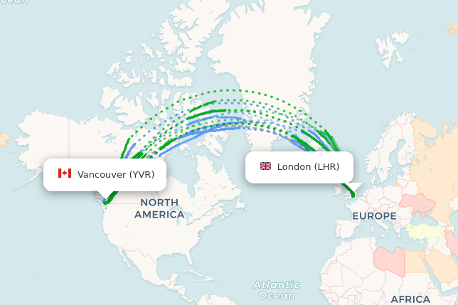 Actual flight paths from London to Vancouver - flightpaths.com