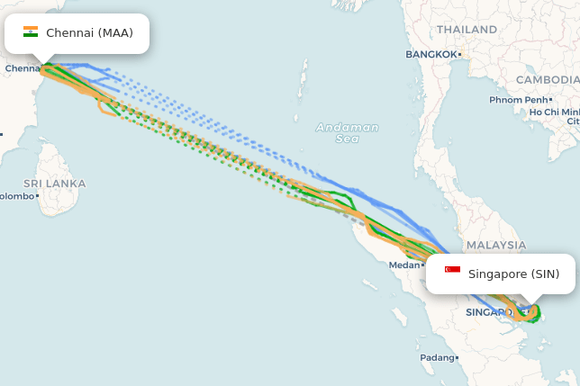 Actual flight paths from Chennai to Singapore - flightpaths.com