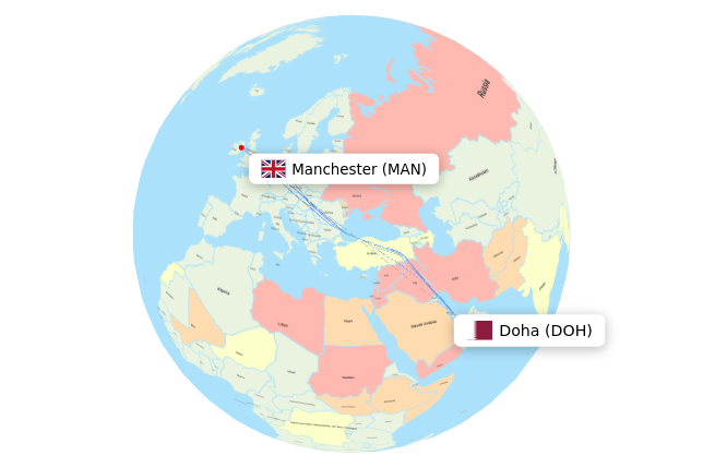 Actual flight paths from Manchester to Doha - flightpaths.com