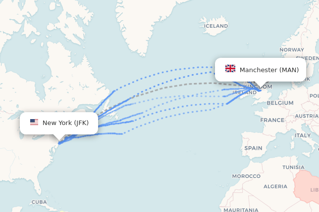 Actual flight paths from Manchester to New York - flightpaths.com