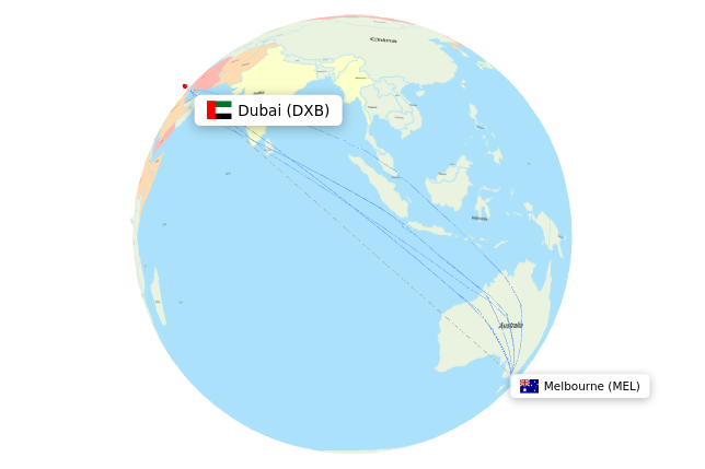 Actual flight paths from Melbourne to Dubai - flightpaths.com