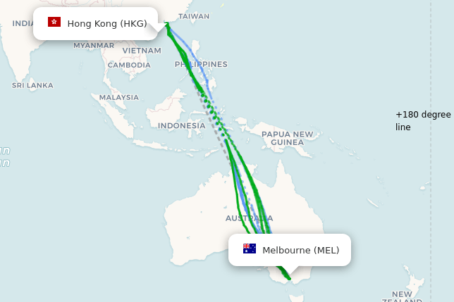 Actual flight paths from Melbourne to Hong Kong - flightpaths.com