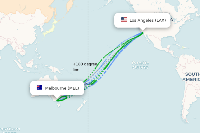 Actual flight paths from Melbourne to Los Angeles - flightpaths.com
