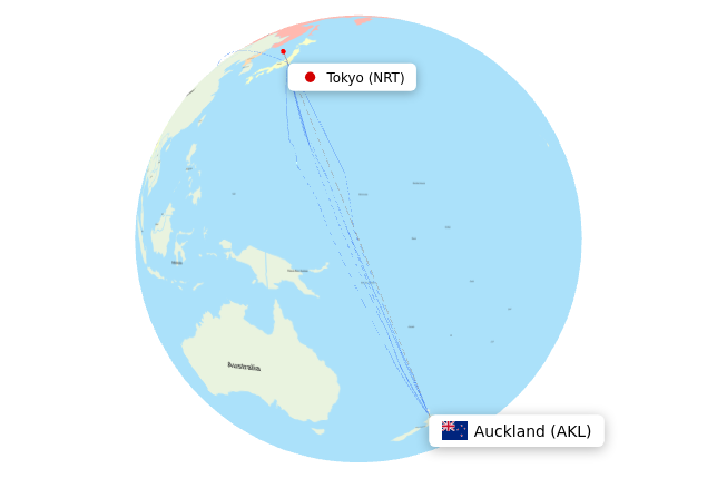 Actual flight paths from Tokyo to Auckland - flightpaths.com