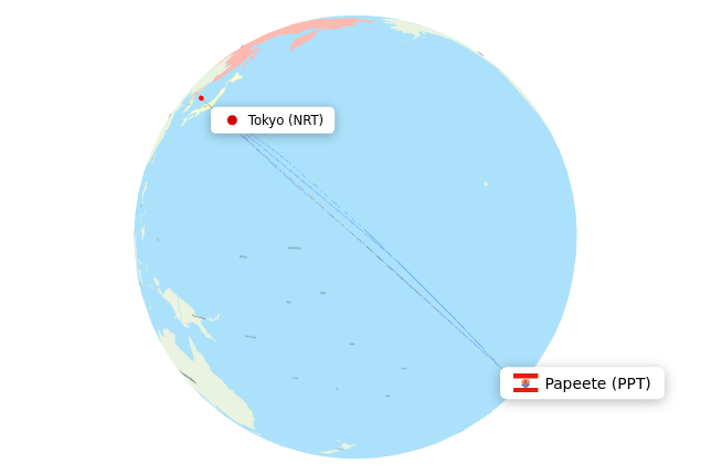 Actual flight paths from Tokyo to Papeete - flightpaths.com
