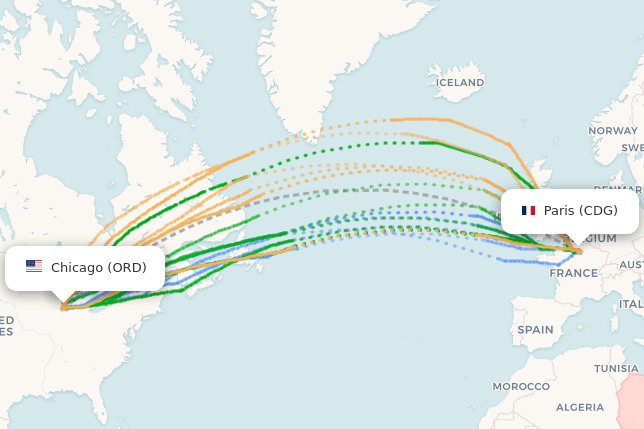 Actual flight paths from Chicago to Paris - flightpaths.com
