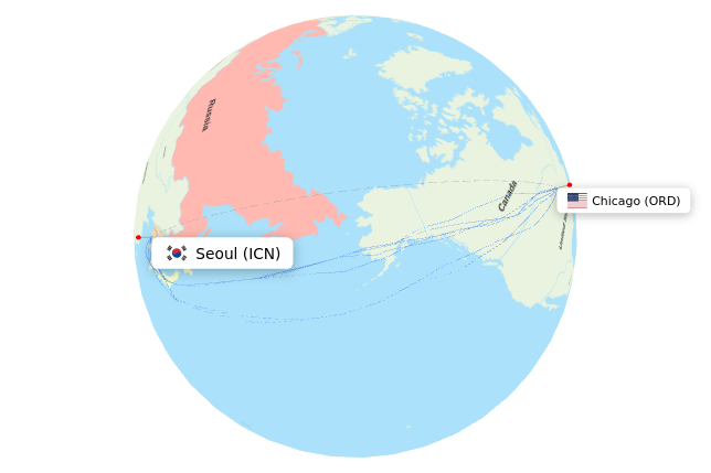 Actual flight paths from Chicago to Seoul - flightpaths.com